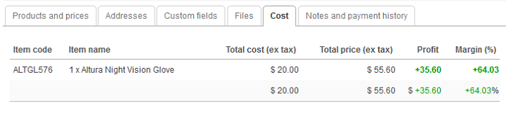 Sales order cost tab